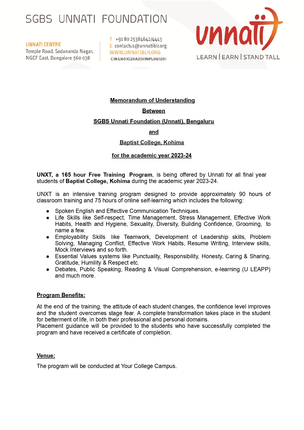 Memorandum of Understanding Between SGBS Unnati Foundation (Unnati ...